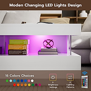 IKIFLY Modern High Glossy Coffee Table, White Coffee Table with 2 Storage Drawers and Acrylic Design Open Space, Rectangle Coffee Table with 16 Colors LED Lights for Living Room