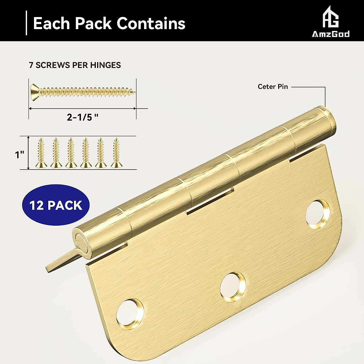 AmzGod Door Hinges Satin Brass - 12 Pack Gold Door Hinges 3.5 Inch Rounded Interior Door Hinges with 5/8" Radius - 3 1/2 Inches Flat Iron Brass Hinges for Residential Standard Doors
