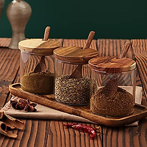 3 Pack 250ml / 8.5oz Clear Glass Seasoning Jar with Wooden Lid and Spoon, Adorable Sugar Bowl Bath Salt Storage Container, Kitchen Pepper