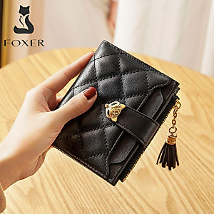 FOXER Women Leather Wallet Small Bifold Wallet Quilted Wallet Card Holder (Black2)