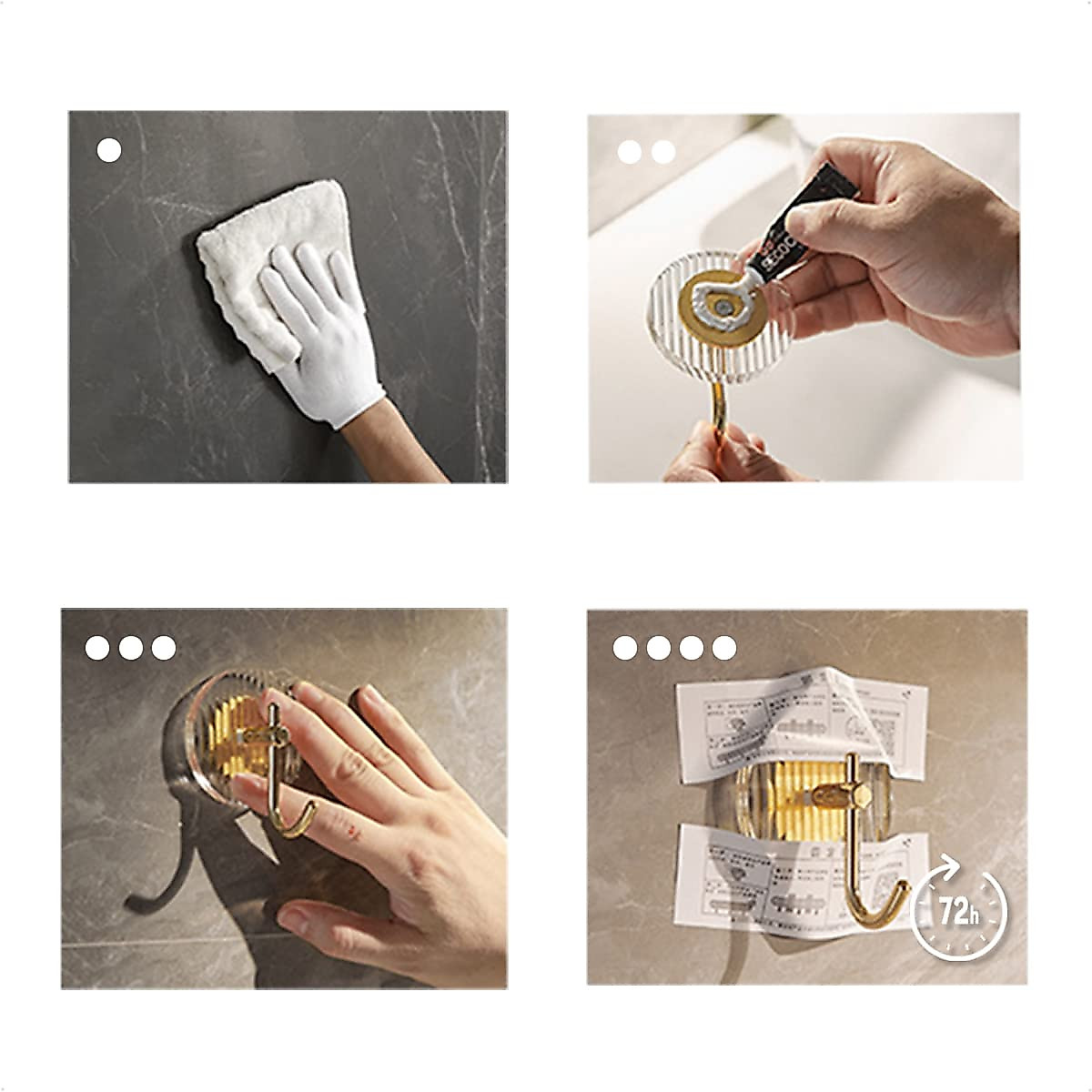 COCOYA 4Pack Adhesive Towel Hooks, Easy Install Acrylic Stainless Steel Heavy Duty Waterproof Rustproof Modern Decorative Cute Bathroom Bedroom Gold Wall Hooks for Hanging Include Strong Adhesive
