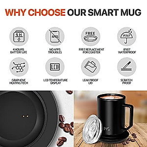 FIEESWARM Temperature Control Smart Mug, Coffee Mug Warmer with Mug for Desk Home Office, 4 hr Battery Life, 12 oz Self Heated Coffee Mug - Improved Design, (Black)
