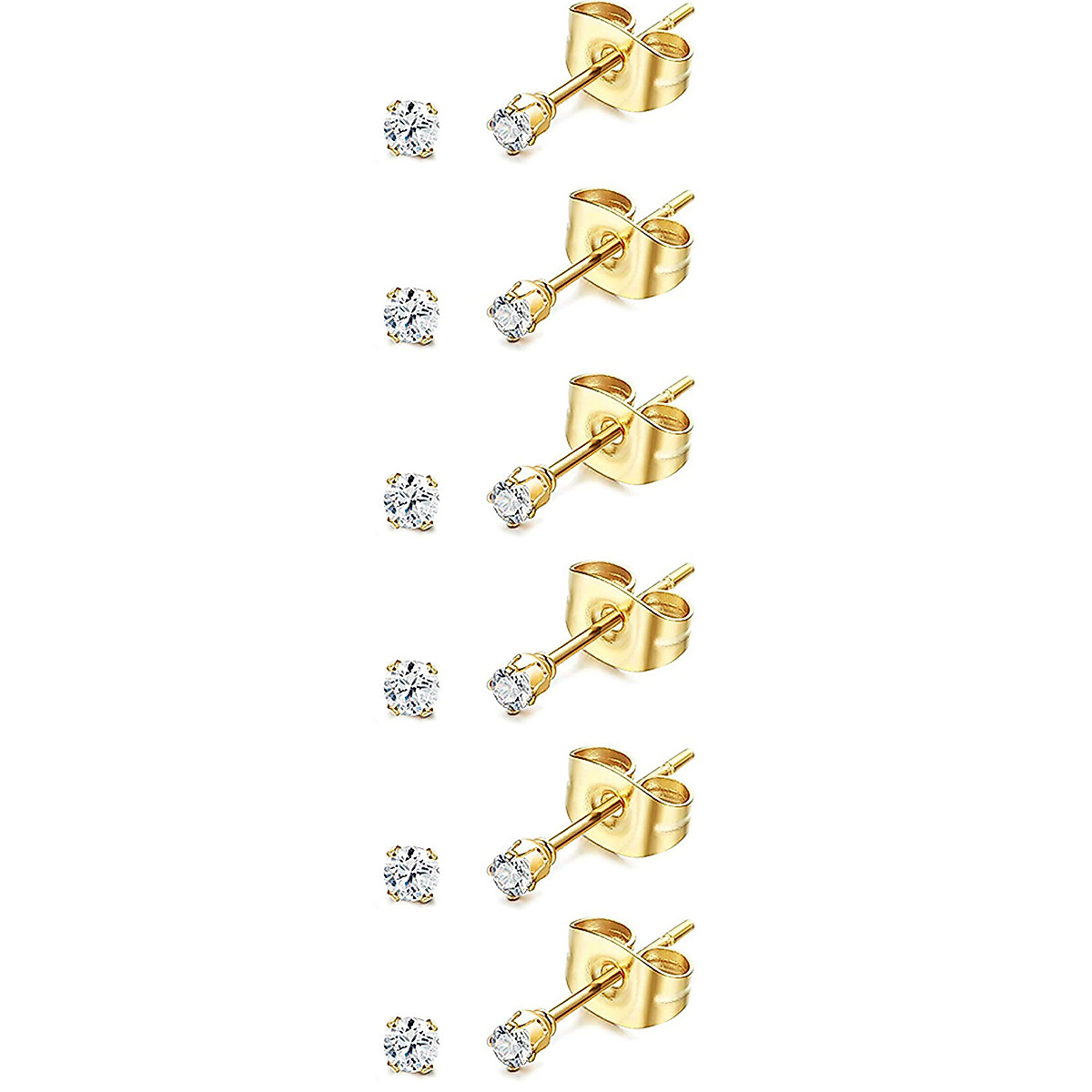 2mm CZ Stud Earrings for Women, 14K Gold Plated Cubic Zirconia Earrings Studs Small Gold Studs Tiny Stud Earrings Set for Women Men 20G Mini Studs Hypoallergenic, Pack of 6 Pairs