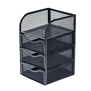 Lovskoo Mesh Desk Organizer with 3 Drawers - Office Desk Accessories & Workspace Organizer - Black