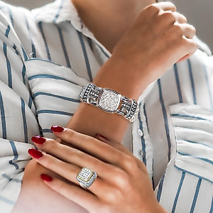 UNY Jewel Twisted Cable Ring Designer Inspired Fashion Brand David Square Pave CZ Women Two Tone Jewelry (White, 7)