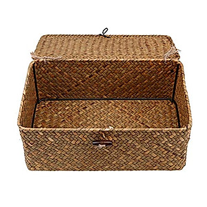 FOMIYES Seagrass Storage Baskets with Lid：Natural Wicker Baskets Woven Rectangular Basket Bins for Household Organizer Boxes Shelf Wardrobe Organizer- Size L