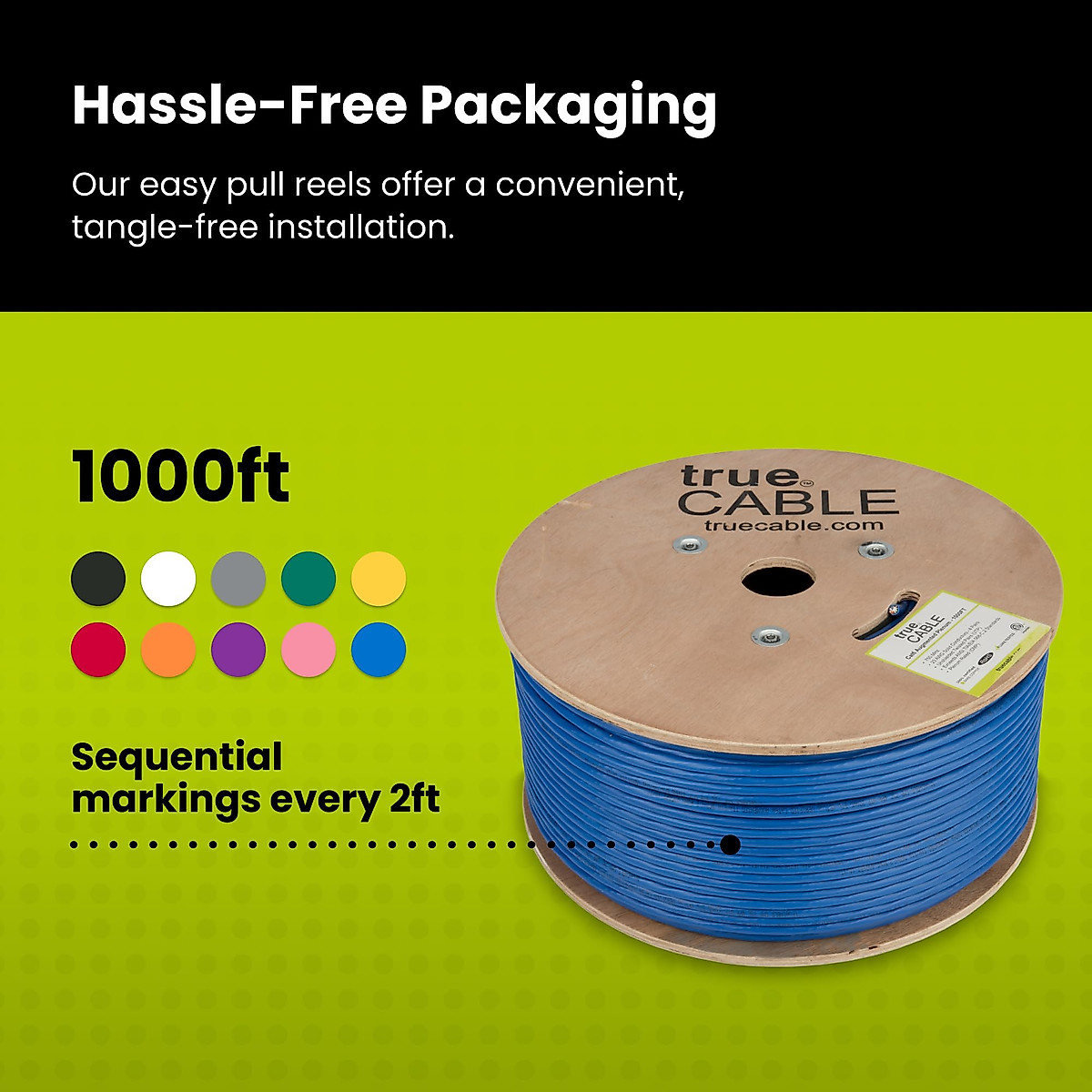 trueCABLE Cat6A Plenum (CMP), 1000ft, Blue, 23AWG 4 Pair Solid Bare Copper, 750MHz, PoE++ (4PPoE), ETL Listed, Unshielded Twisted Pair (UTP), Bulk Ethernet Cable