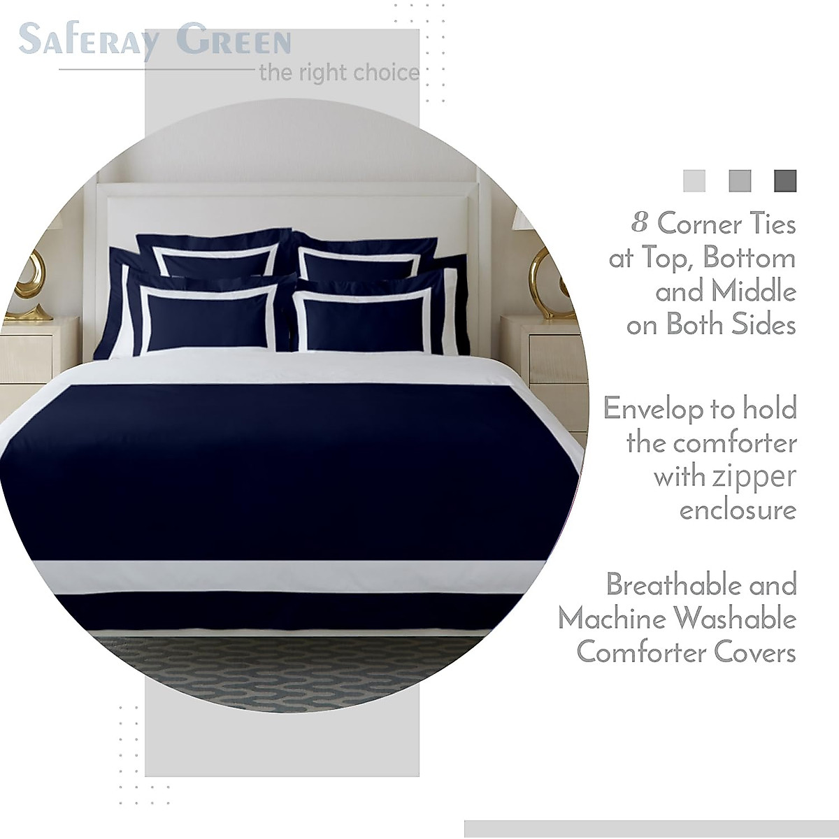 Saferay Green Hotel Luxury 3pc Two Tone Duvet Cover Set-850 Thread Count 100% Organic Cotton Premium Bedding Collection Queen Size 90 x 90 Inches Machine Washable (White & Navy Blue)
