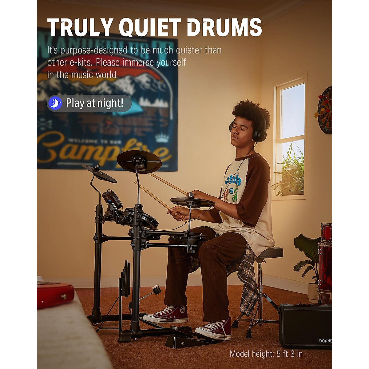 Donner DED-80 Electronic Drum Set with 4 Quiet Mesh Pads, 180+ Sounds, 2 Pedals, Throne, Headphones, Sticks, and Melodics Lessons