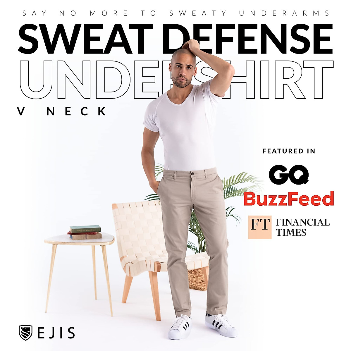 Ejis Sweat Defense Undershirt | V Neck (3-Pack) | Underarm Sweat Proof Micro Modal (Medium, White)
