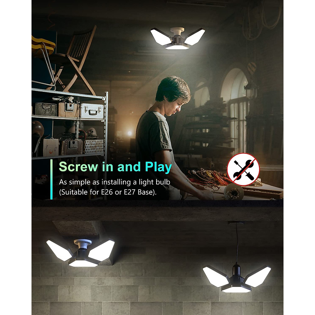 Garage Light 120W - 12000LM 6000K LED Garage Light with 3 Deformable Panels, Screw in Garage Lights Ceiling Led, E26/E27 Garage Lighting Bulb for Garage, Attic, Basement, Barn, Workshop - 1 Pack