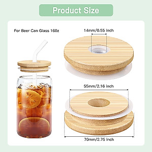 Febflo Bamboo Lids for Glass Cups with Straw Hole, 2.75inch/70mm Wooden Lids for 16OZ Beer Can Cups, Replacement for Regular Mouth 20 24 OZ Cups, 4 Pack