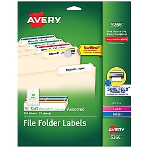 Avery 5266 Permanent Filing Labels, 1/3 Cut, 750/PK, RD/BE/GN/PE/YW