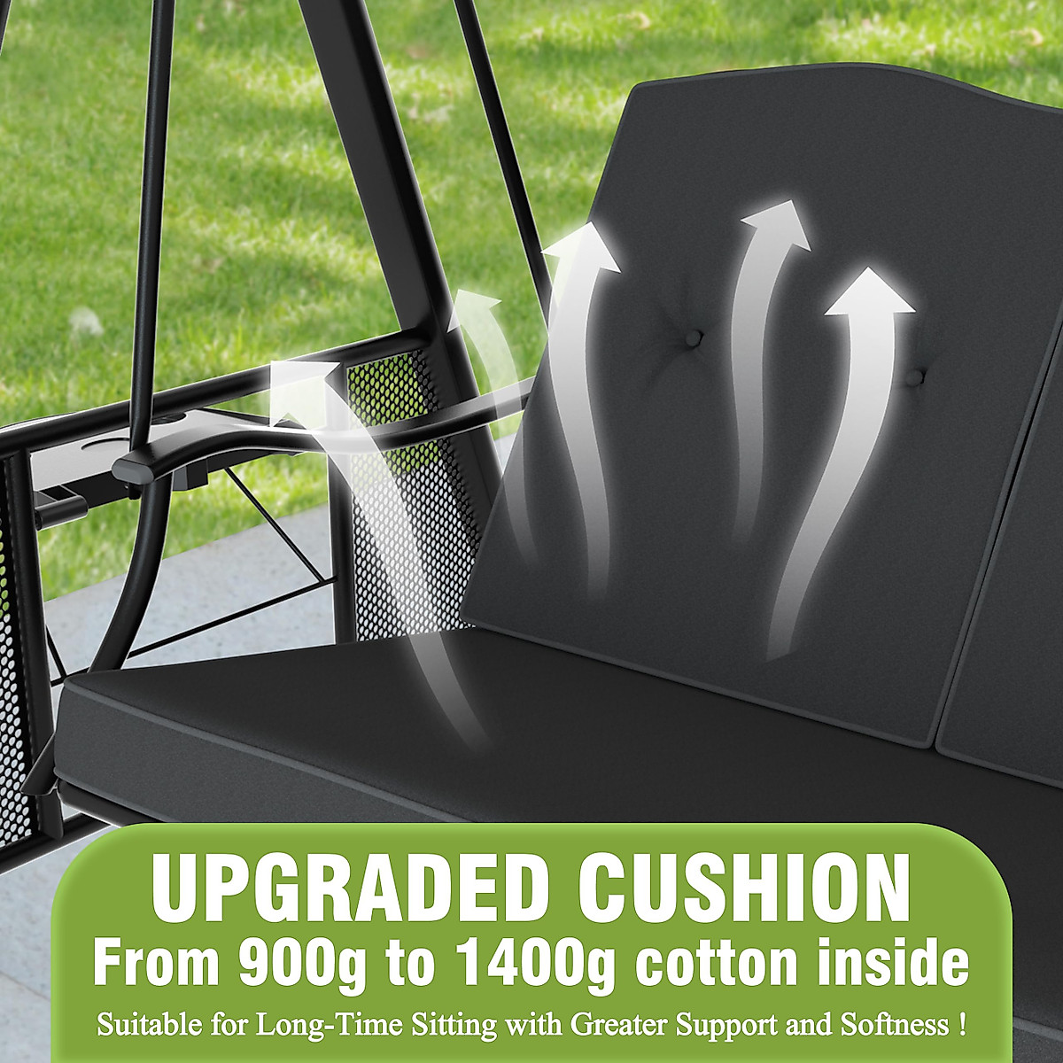 MUPATER Patio Porch Swing Chair, 3-Seat Outdoor Canopy Swing Glider with Stand and Cushion for Outside, Backyard and Deck, Grey