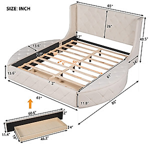 Yehha Queen Size Velvet Upholstered Platform Bed with 2 Side Storage Stool and 1 Storage Drawer, Victorian Style Velvet Headboard, Noise-Free and No Box Spring Needed, Beige
