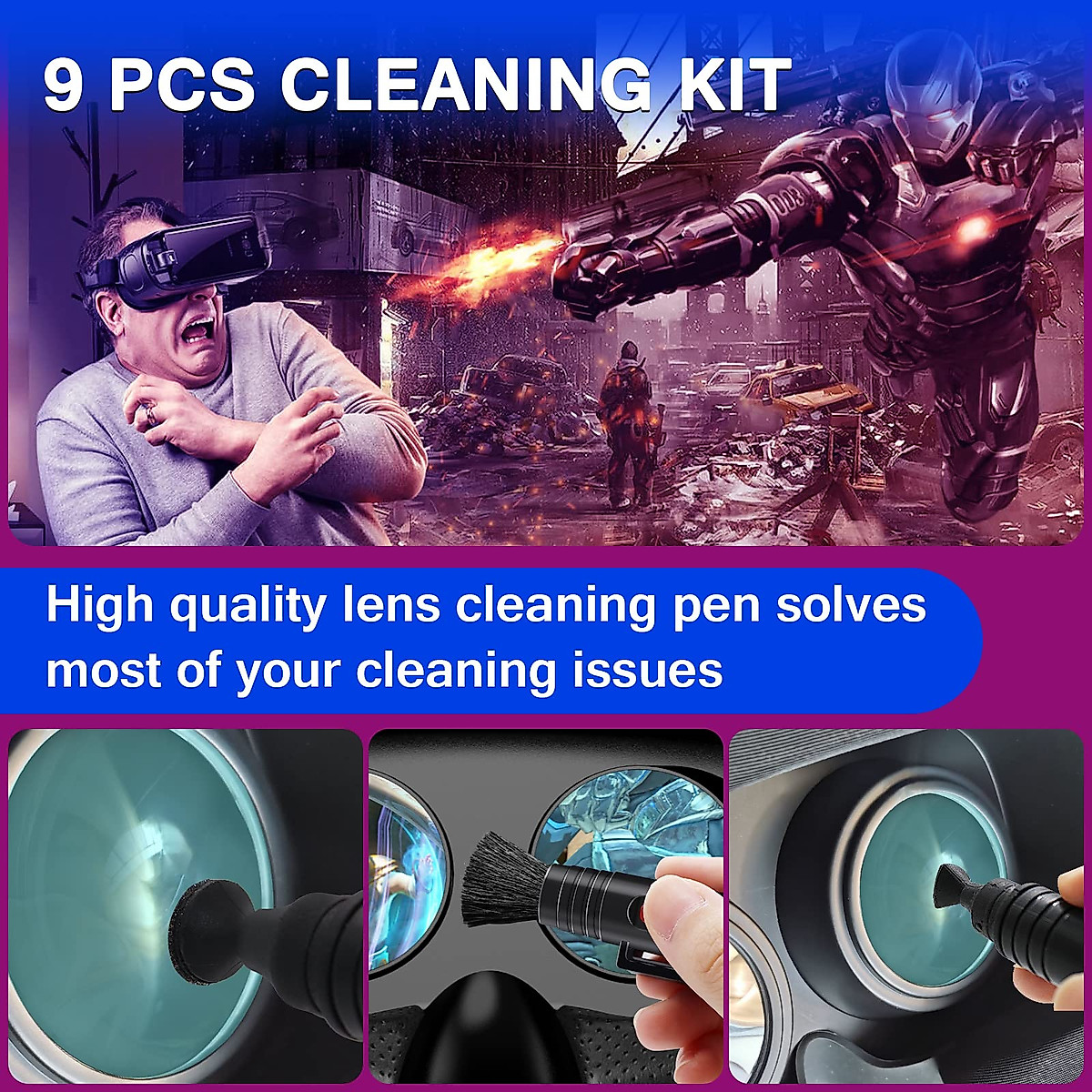 VR Headset Cleaning Kit, VR Lens Cleaner, Lens Pen Cleaner Kit for Meta Oculus Quest 2 3 /Xbox/PS/Wii, Cleaning kit for VR Facial Interface & Face Cover Pad Game Controller AR VR Accessories