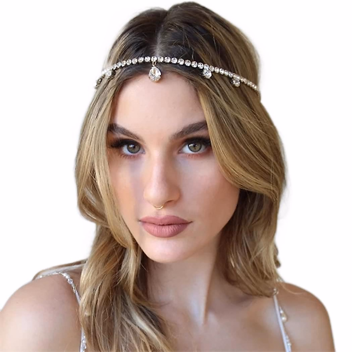 Fdesigner Wedding Head Chain Rhinestone Vintage Bride Headpieces Tassel Boho Hair Jewelry Bridal Headband Women Hair Accessories for Party Festival (Silver-Boho)
