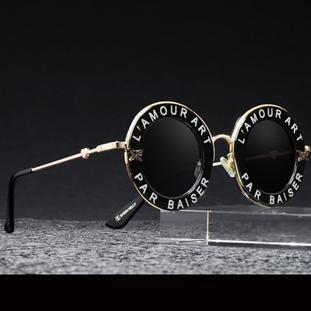 SHEEN KELLY Retro Round Sunglasses for Women Men bee Fashion Black Shades Metal Frame Sunglasses Chic Style Unisex Glasses