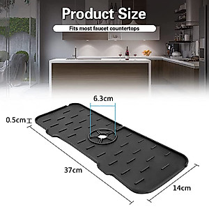 Silicone Sink Splash Guard with Dish Soap Sponge Holder, Bathroom Faucet Water Catcher Mat, Absorbent Drain Drying Pad, Mat Self Draining Drip Catcher, Black, 14.6 x 5.5 x 4.3, (J-BLACK)