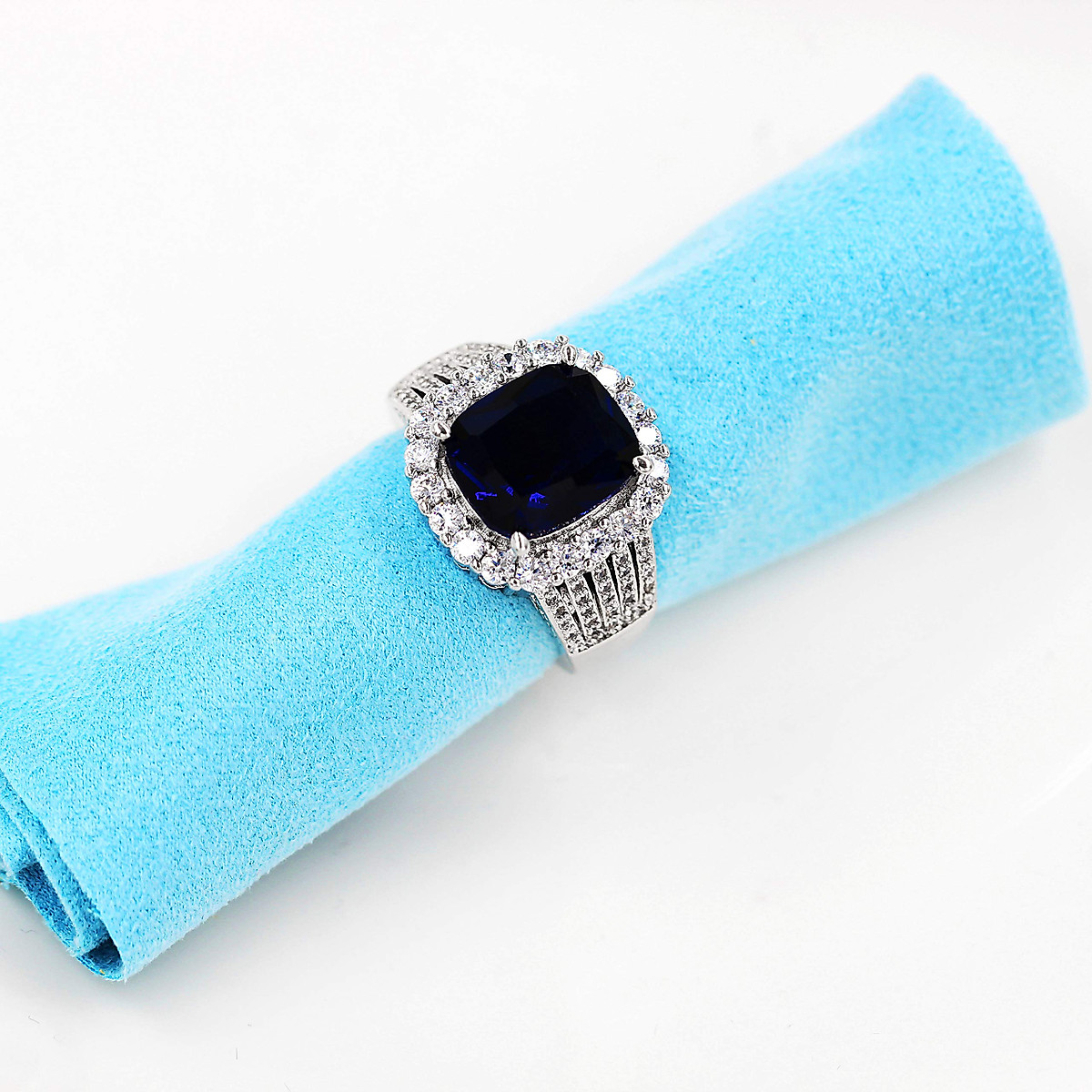 Uloveido Platinum Plated Cushion Cut 5 Carat Simulated Sapphire Ring, Blue Cubic Zirconia Adjustable Birthstone Rings Wedding Women Y987