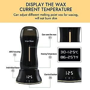 Wax Bear Roll On Wax Kit for Hair Removal,Roller Wax Cartridge Depilatory Wax Heater Kit Digital Temperature Display with for Personal & Professional Use，Black