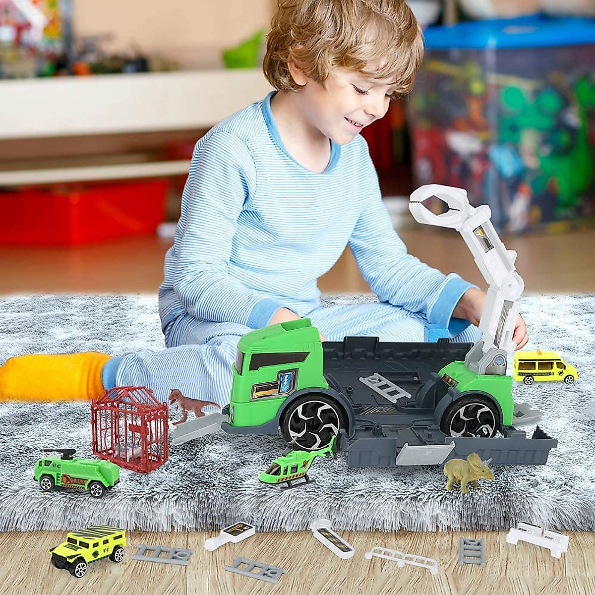 Siairo Dinosaur Toys, Dinosaur Truck Carrier, Dinosaur Transport Truck Car Toy for Kids 3 4 5 Year Old, with 3 Cars, 3 Dinosaurs, Manipulator, Helicopter, Cage, Gift for Boys Kids Toddlers