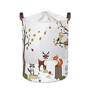 Clastyle 45L Woodland Animals Laundry Basket Collapsible Waterproof Forest Fox Storage Basket with Handle Kids Room Jungle Deer Laundry Hamper with Drawstring, 14 * 17.7 in