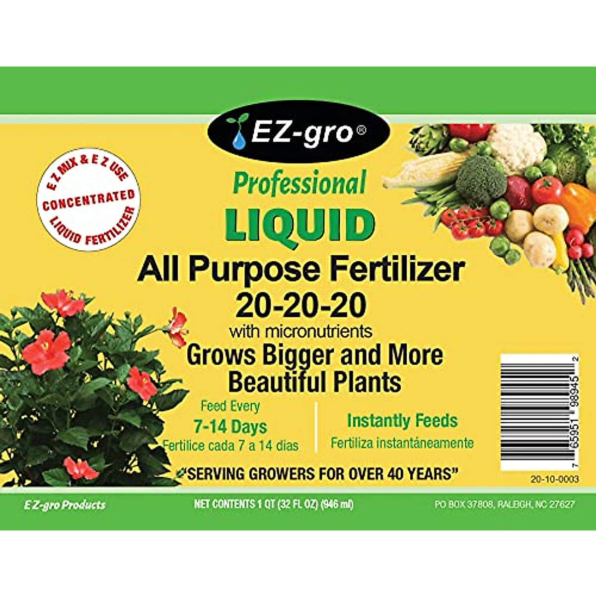 EZ-gro 20 20 20 Fertilizer - All Purpose Liquid Plant Food - Lawn, Flower, Herb, Vegetables - Best Way to Grow Green Plants - Garden-Growing Miracle Nutrients - 1 Qt / 32 fl oz / 946 mL