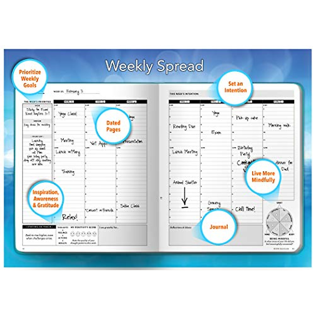 InnerGuide Undated Yearly Wellness Planner - Daily Weekly & Monthly Organizer & Appointment Book - Goal Setting - Journal - Faux Leather Cover - “8” x 9” - Turquoise