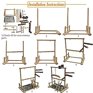 kathson Bird Playground Parrot Perch Stand Toys, Birds Wood Play Gym Activity Center Exercise Playpen Ladder Swing with Feeder Cups Chewing Toy(Include a Tray)