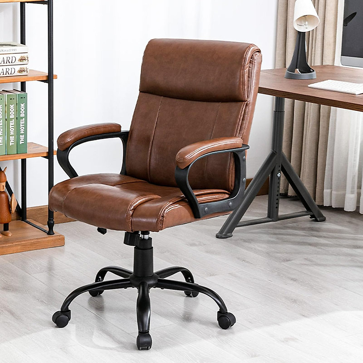 DYHOME Leather Office Chair Brown Desk Chair with Padded Armrests, Adjustable Home Office Chair Mid Back Swivel Task Chair, Ergonomic Mid Century Computer Chair, Capacity 400lbs