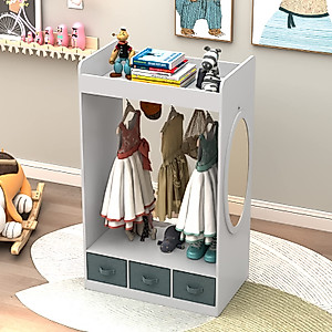 Kcelarec Kids Dress up Storage with Mirror and Storage Bin,Kids Play Armoire Dresser with Mirror,Kids Costume Organizer, Pretend Storage Closet for Kids,Costume Storage Dresser (Style 2-White)