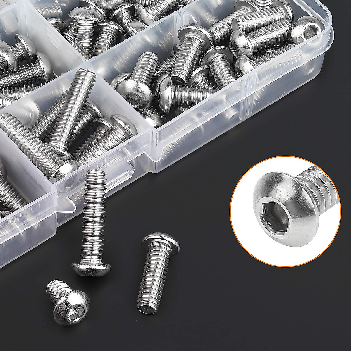 HELIFOUNER 120 Pieces 5 Sizes 304 Stainless Steel 1/4-20 x 3/8" 1/2" 5/8" 3/4" 1" UNC Thread Hex Button Head Cap Bolts Kit