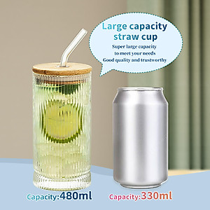 Ribbed Glass Cups With Lids And Straws, 16oz Drinking Glasses, Vintage Glassware Set of 4 Large, Origami Style Cocktail Glasses, Tumbler for Bar Beverages, Whiskey (4PCS-16 Oz With Lid And Straw)