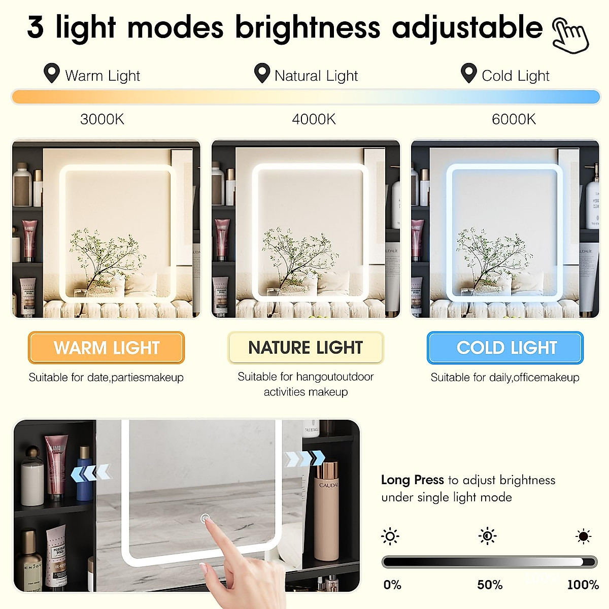 Vabches Vanity Desk with Sliding Mirror and Lights, 41.8'' Black Makeup Vanity Table with Jewelry Storage & Charging Station, Stool, Large Drawer, Visual Cabinet, 3 Lighting Modes, Adjustable Shelves