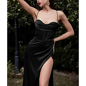 Business Dresses for Women Ladies Simulated Silk Sleeveless Back Strap Side Slit Long Suspender Dress Black