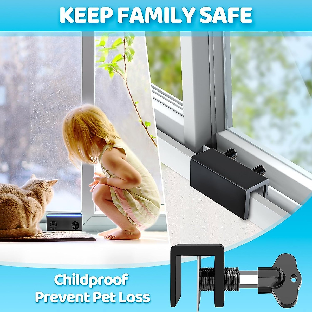 Sliding Window Door Lock Security - 4 Packs Slider Window Stopper for Baby Child Proof Home Safety Secure, Childproof No Drill Patio Slide Glass Window Locks Stop Vertical Key Aluminum Alloy Black