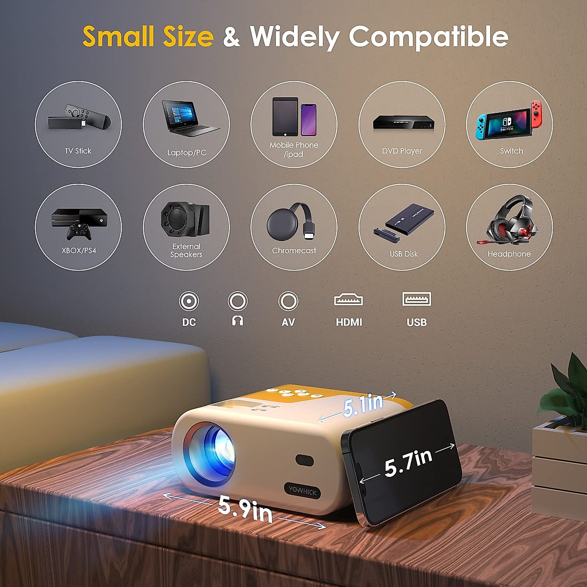 YOWHICK Mini Projector for iPhone, Native 1080P HD Projector, Portable Projector, Movie Projector Compatible with Android/iOS/Windows/TV Stick/HDMI/USB
