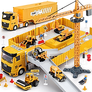 Kids Construction Toys, Construction Truck Toys Set w/Crane, Excavator, Forklift,Bulldozer,Dump Trucks,Cement Truck,Road Roller, Alloy Construction Vehicle Toys for 3 4 5 6 7 Years Old Boys Gifts