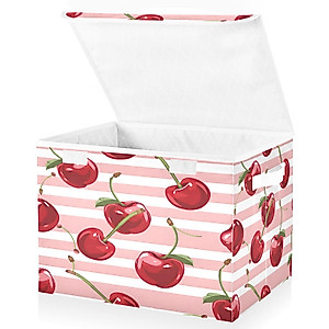 DALAWU Containers Baskets with Lids Christmas Cherry Fabric Foldable Storage Bins Organizer with Lid Collapsible Storage Boxes for Home Bedroom Closet Office