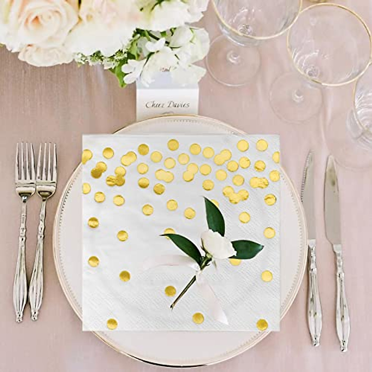 100 Pack of White and Gold Cocktail Napkins, 3-Ply Bar Napkins Disposable Party Napkins Paper Napkins Dinner for Wedding Baby Shower Birthday
