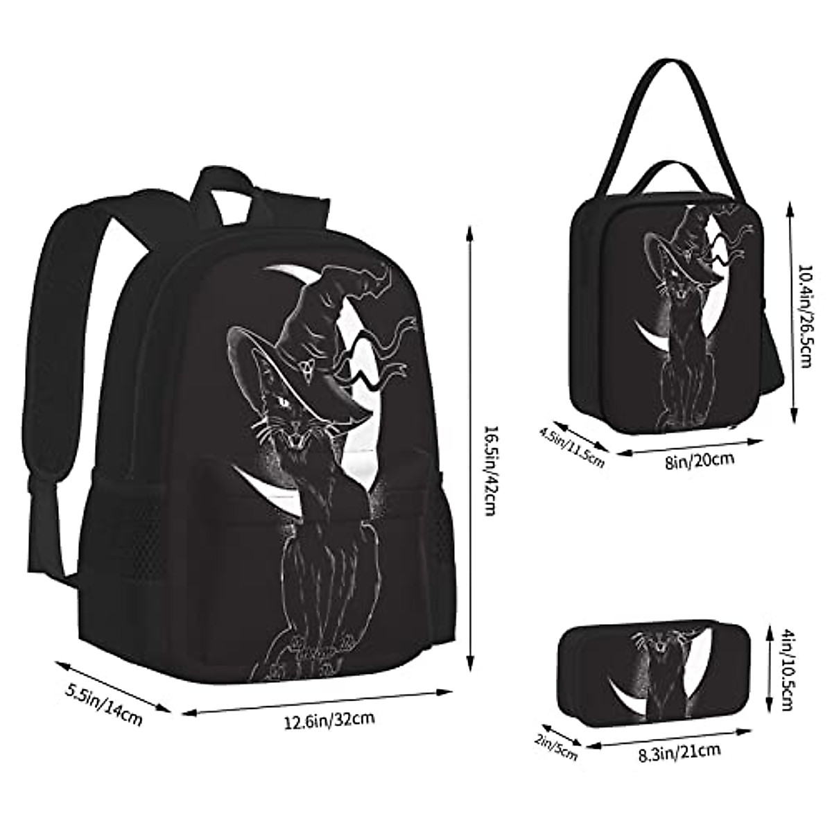 Backpack Combination with Lunch Bag Pencil Case Set Black Cat Pointy Witch Hat School 3 in 1 Bookbags Set