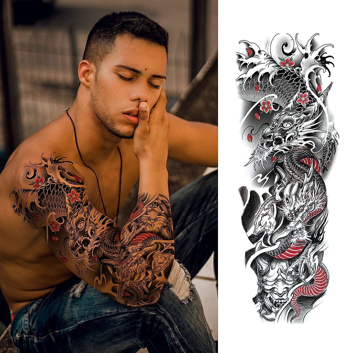 PUNKTUM Temporary Tattoos for Men and teens 12 sheets (L19“xW7”), Full Arm Temporary Tattoos for Halloween Realistic Sleeve Tattoos Waterproof and Long lasting