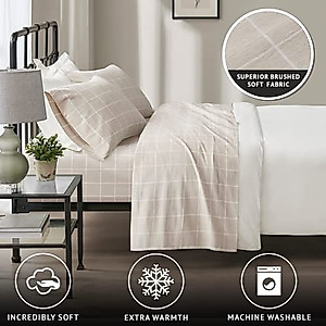 Beautyrest 100% Cotton Sheet Set Breathable Oversized Flannel, All Elastic Deep Pocket Fits Up to 16" Mattress - Cozy Warm Bed Sheets for Cold Weather, Cal King, Beige Windowpane 4 Piece