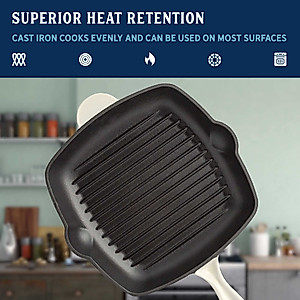 Country Living Enameled Cast Iron Square Griddle Grill Pan with Ridges, Helper Handle and Pouring Spouts for Easy Draining, Indoor Grilling Skillet, 11-Inch, Cream