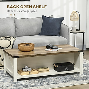 HOMCOM Farmhouse Coffee Table with Storage and Drawer, Rustic Coffee Table for Living Room, Open Shelf, White