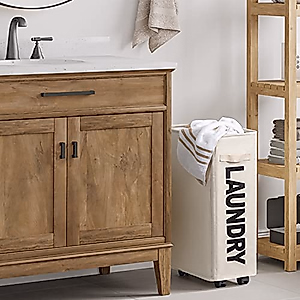 Chrislley 45L Slim Laundry Hamper with Wheels Narrow Rolling Laundry Basket Foldable Dirty Clothes Portable Skinny Hamper Organizer Storage Bins (23.2 inches, Beige 3)