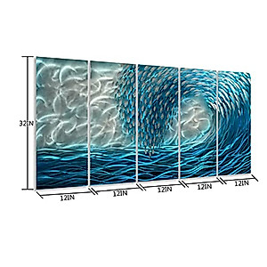 Yihui Arts Hand Crafted Blue Sea Wave 3D Metal Wall Art - Coastal 5 Panel Aluminum Sculpture for Big Abstract Office, Hallway, Fireplace, and Home Decor