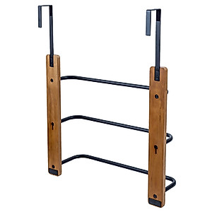 MyGift Rustic Over The Door Towel Rack, 3 Tier Solid Burnt Wood and Matte Black Metal Space Saving Bathroom Door Hanging Towel Bar