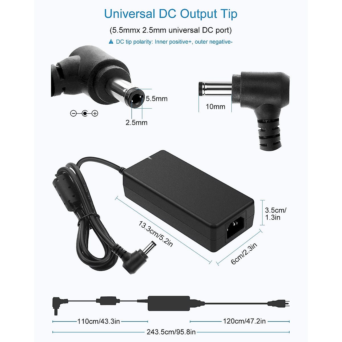 ALITOVE 12V 8A 96W Power Supply Adapter AC to DC Converter AC 100V ~ 240V to DC 12V 8amp Transformer LED Driver with 5.5x2.5mm DC Jack for 5050 3528 LED Strip Module Light, CCTV